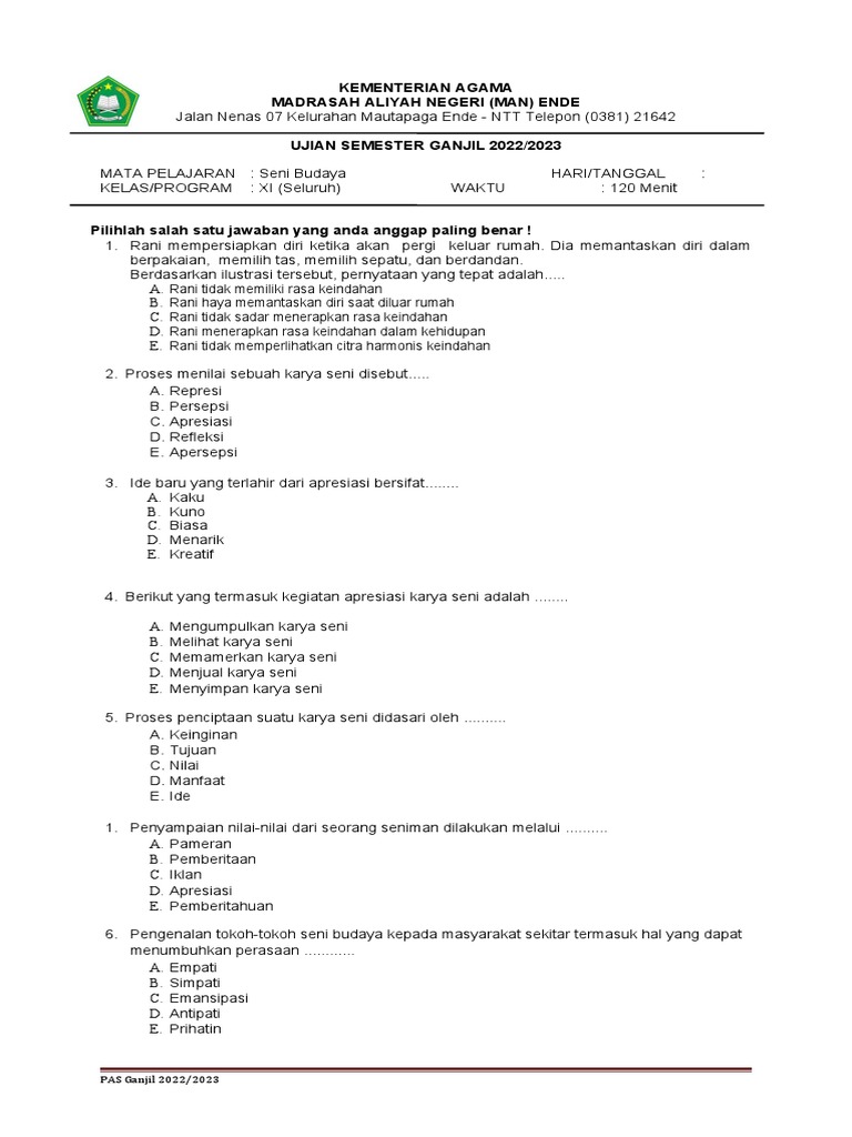 Soal Pas Ganjil Seni Budaya 2022-2023 | PDF