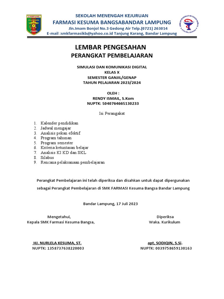 Lembar Pengesahan RPP 2023-2024 | PDF | Kesehatan Holistik