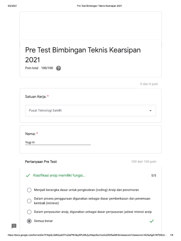 Pre Test Bimbingan Teknis Kearsipan 2021 | PDF