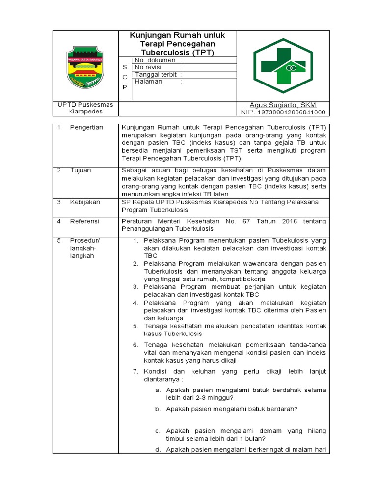 3 SOP Kunjungan Rumah untuk Terapi Pencegahan Tuberculosis (TPT) | PDF
