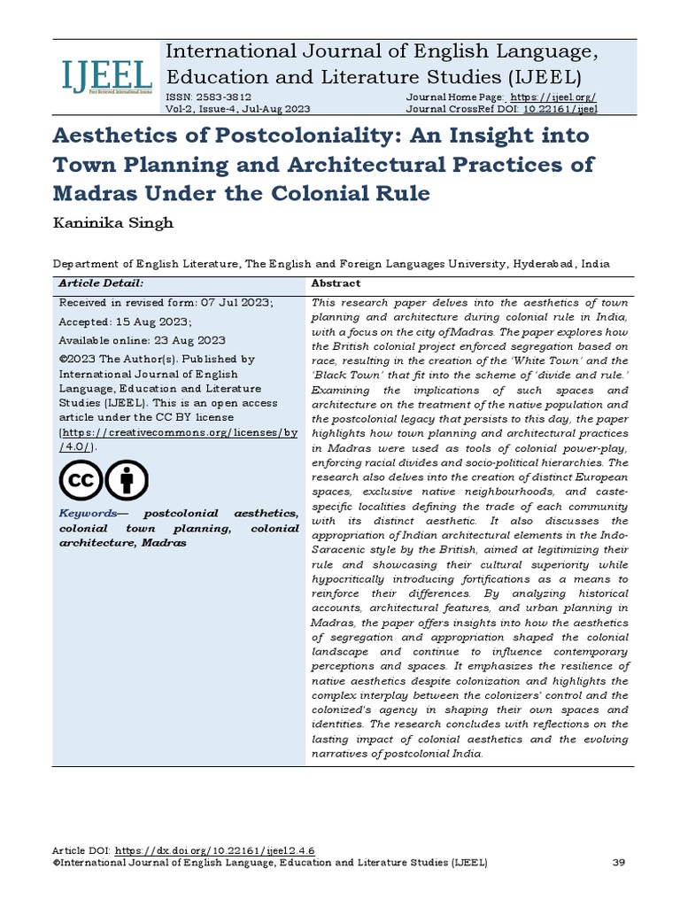 Aesthetics of Postcoloniality: An Insight Into Town Planning and ...