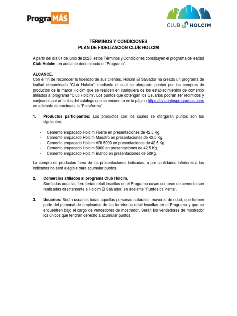 Terminos y Condiciones - CLUB HOLCIM 2023 | PDF | Negocios | Finanzas y dinero