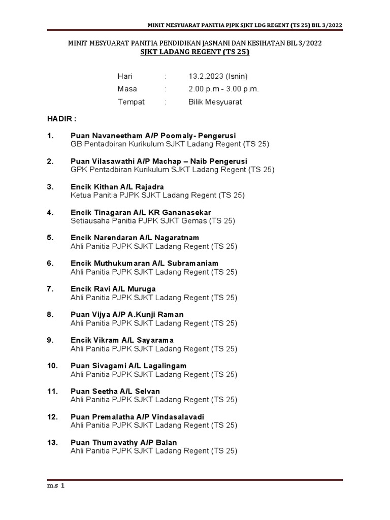 Minit Mesyuarat Panitia PJPK Bil 3 - 2022 | PDF