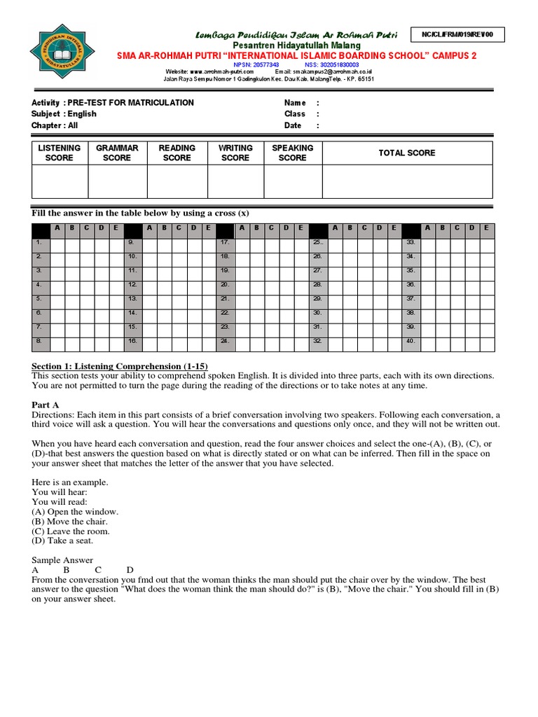 Pre-Test Matrix | PDF