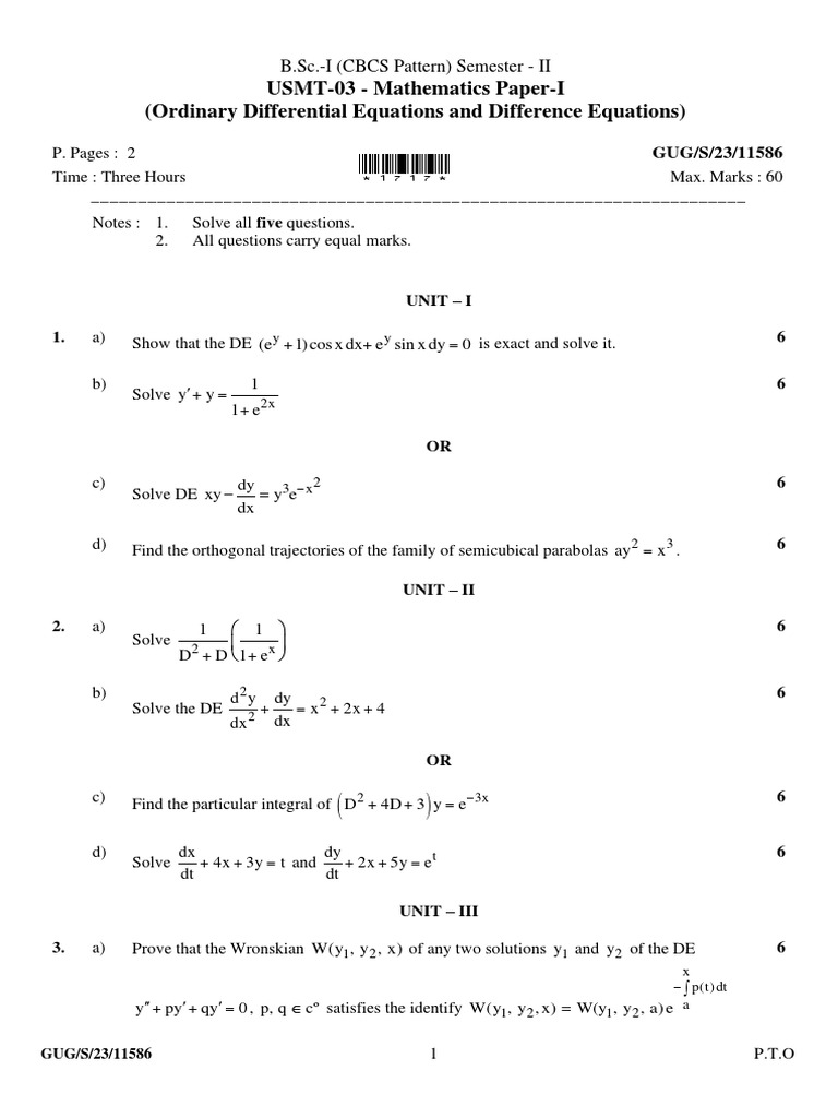 Year - B.Sc.-I (CBCS Pattern) Semester - II Subject - USMT-03 - Mathematics Paper-I (Ordinary ...