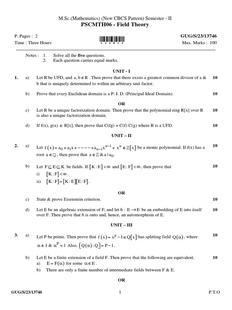 Year - M.Sc. (Mathematics) (New CBCS Pattern) Semester - II Subject - PSCMTH06 - Field Theory ...