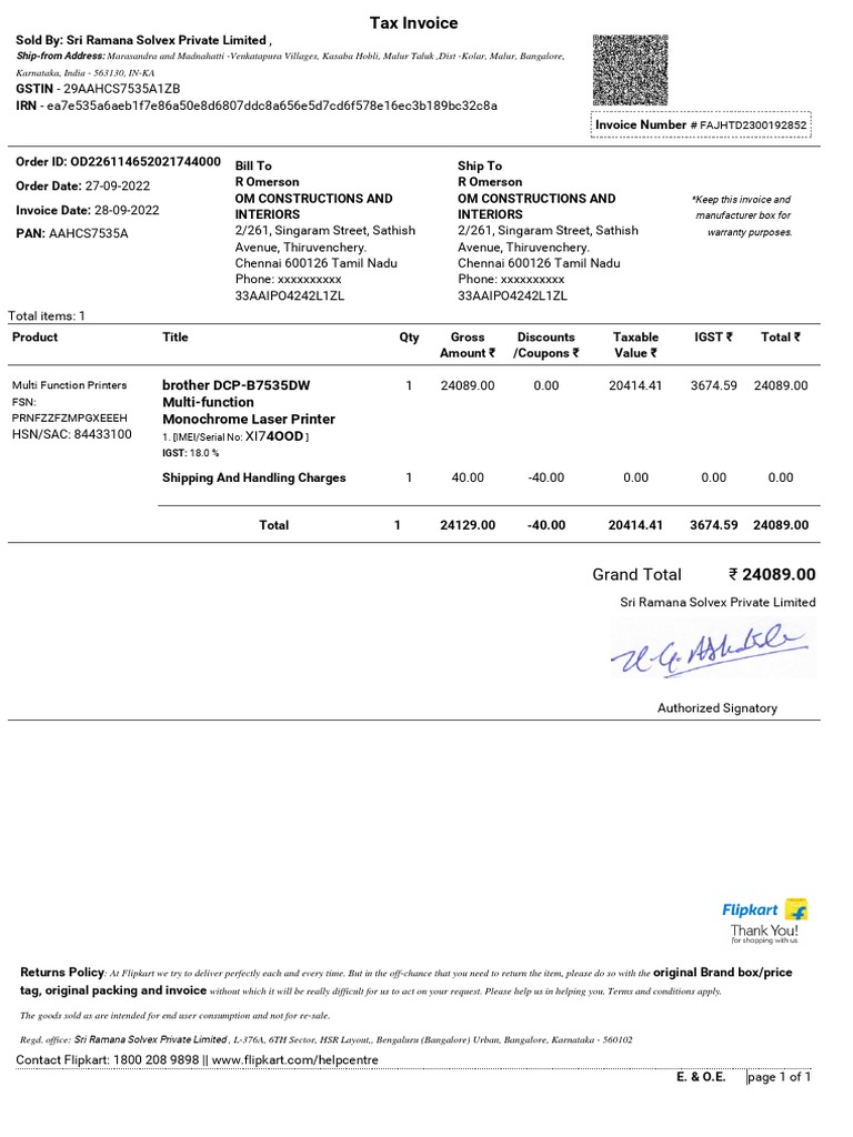 Brother Printer Bill | PDF