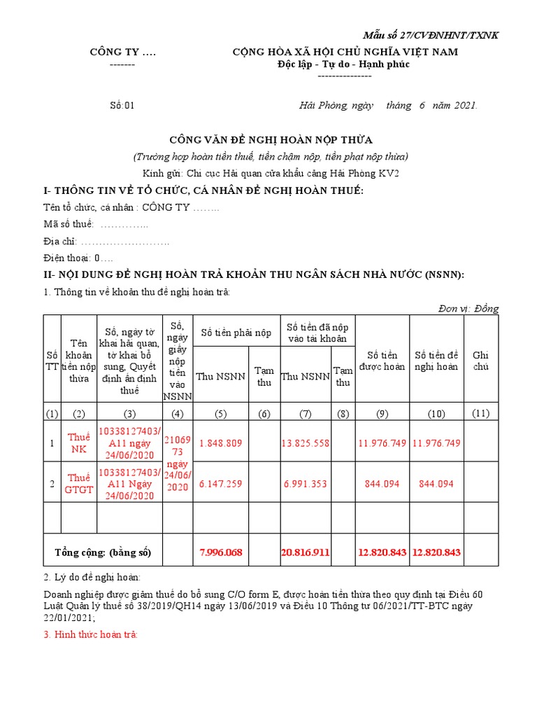 Mau 27 de Nghi Hoan Nop Thua 2021 (Co Cam Ket Ve TGTGT) | PDF