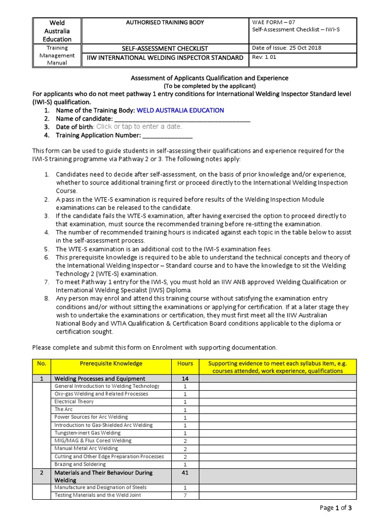 WAE FORM-07 Self-Assessment Checklist IWI-S V1.01 | PDF