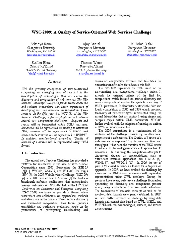 Wsc 2009 A Quality Of Service Oriented Web Services Challenge Pdf Web Service Service