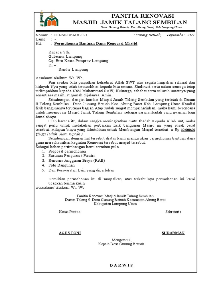 Permohonan Dana Renovasi Masjid Talang Sembilan | PDF