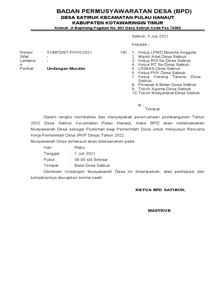 Undangan Musdes Desa Satiruk 2021 | PDF