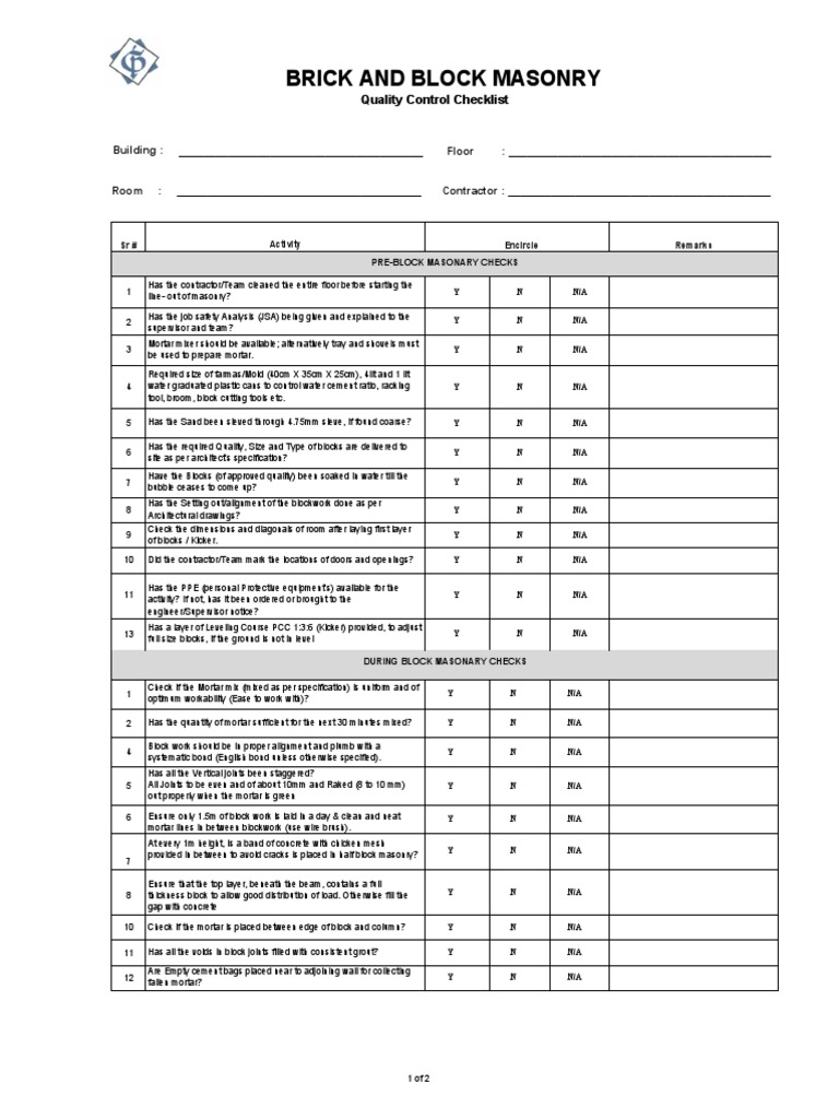 GLUT - Block Work Checklist | PDF | Masonry | Architectural Elements