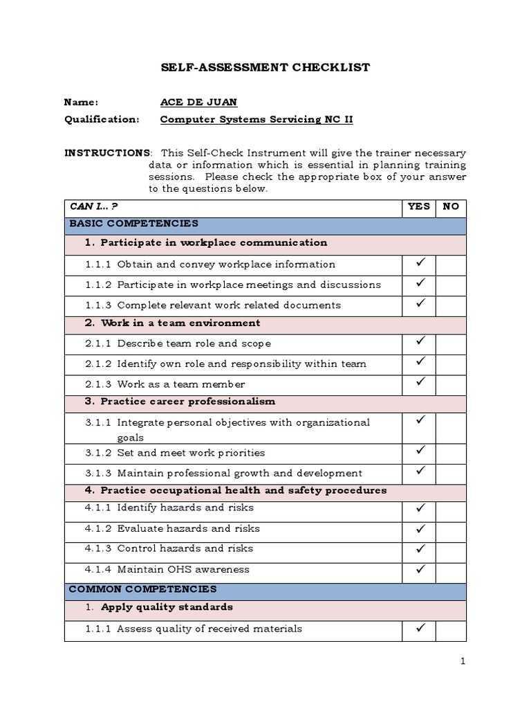 Self-Assessment Checklist for NC II | PDF | Computer Network | Electronics