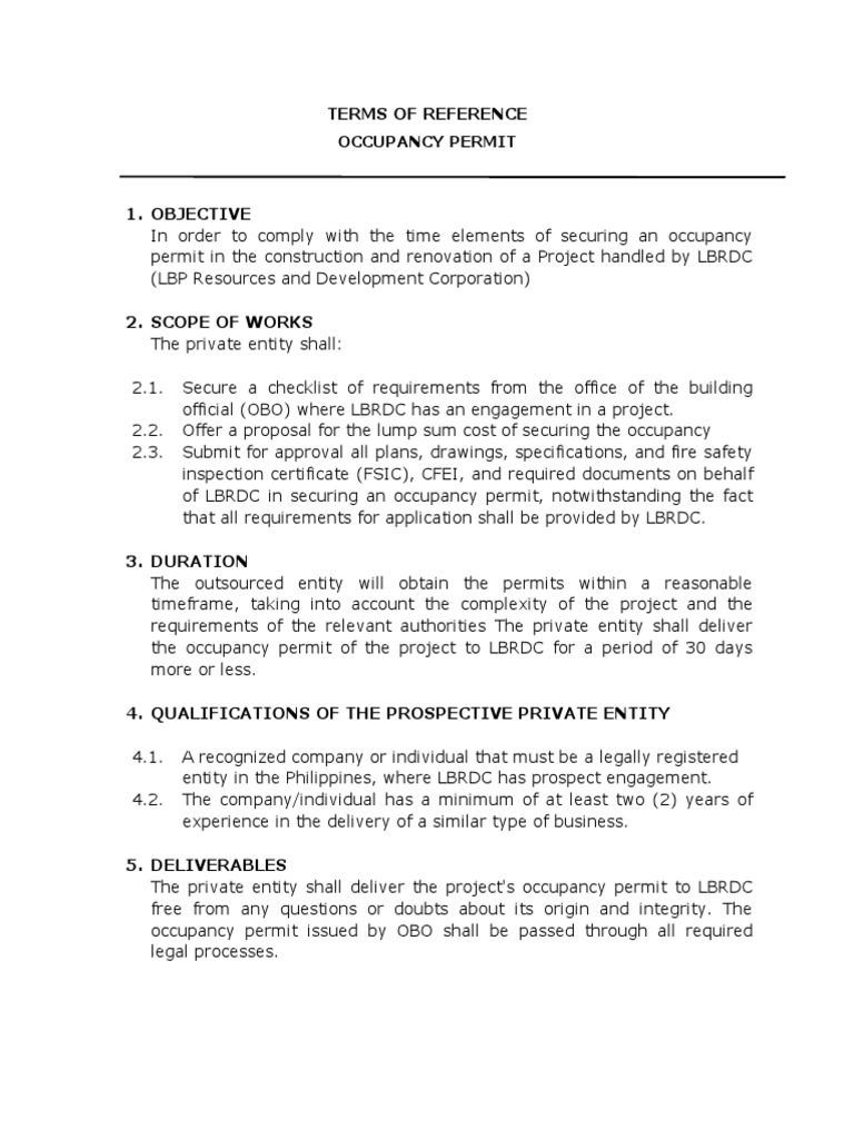 Occupancy Permit Terms of Reference | PDF