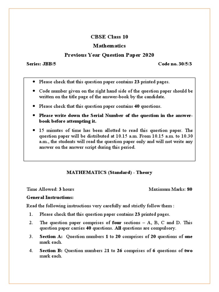 CBSE Class 10 Maths Question Paper 2020 | PDF | Sphere | Circle