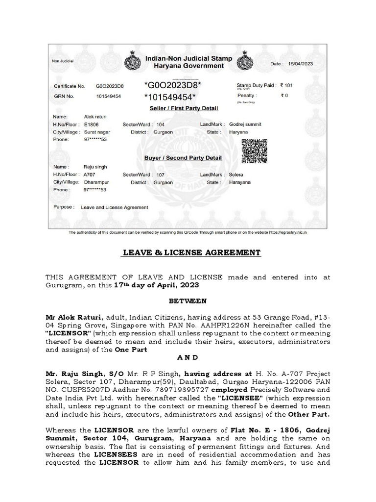 AR - E-1806 - Leave and License Agreement v3 | PDF | License | Lease