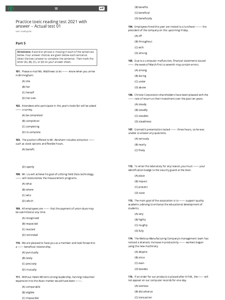 Practice Toeic Reading Test 2021 01 - Tests | PDF