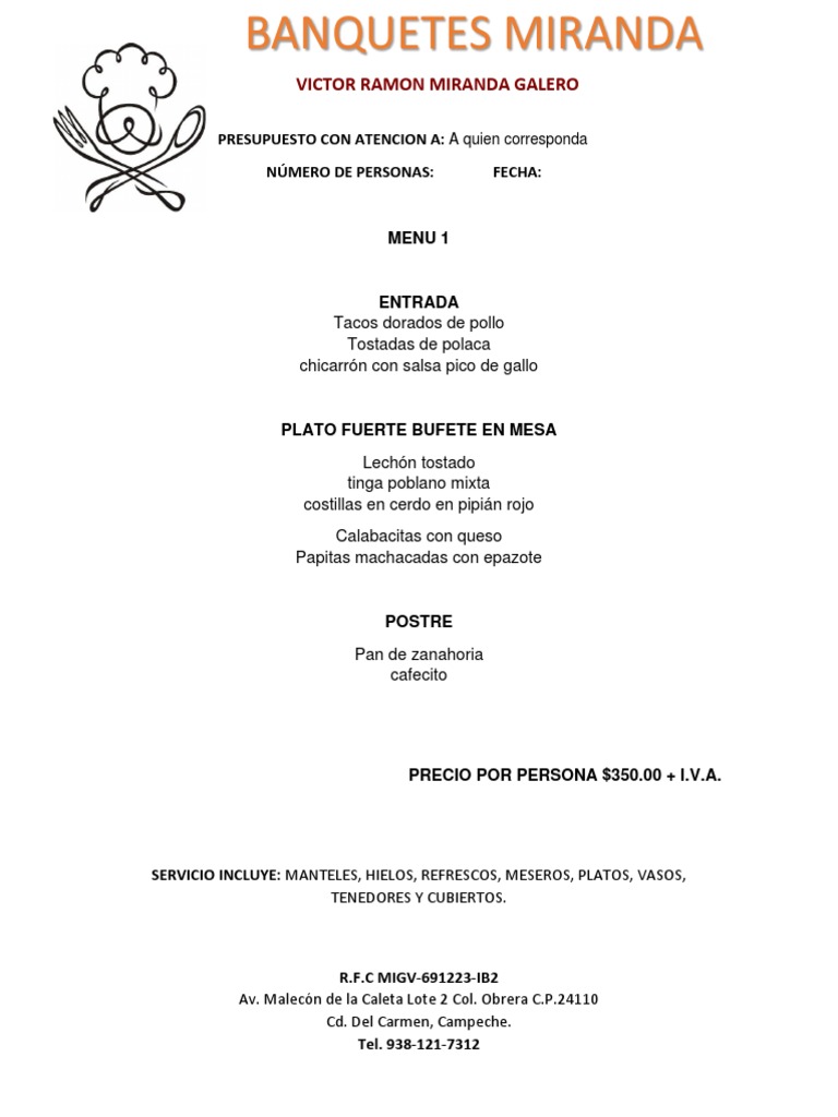 Menús y Precios de Banquetes Miranda | PDF