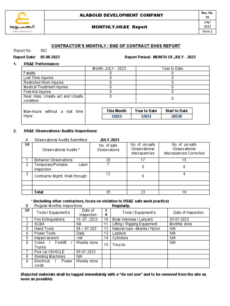 Contractors Monthly and End of Contract EHSS Report | PDF | Personal ...