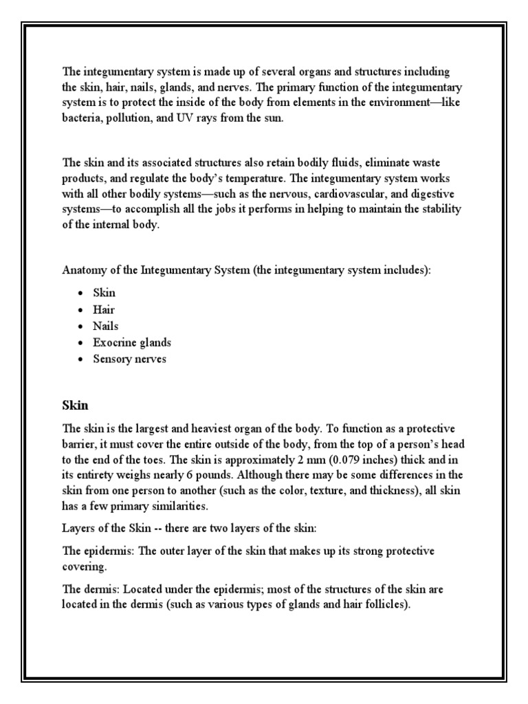 The Integumentary System Is Made Up Of Several Organs And Structures Including The Skin Pdf