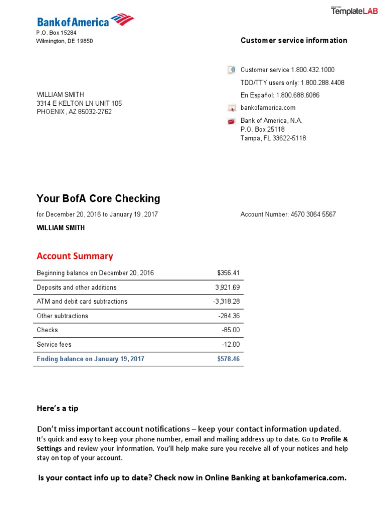 10nk of America Bank Statement TemplateLab - Com | PDF
