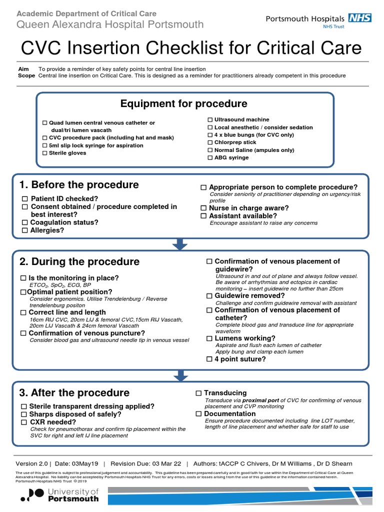 CVC Insertion and Removal in Critical Care 2019 | PDF