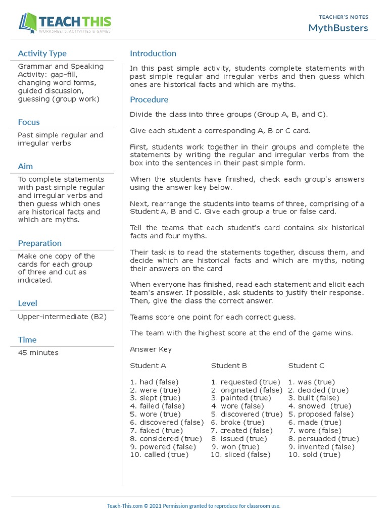 MythBusters: Past Simple Activity | PDF