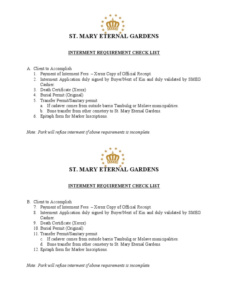 Interment Checklist | PDF