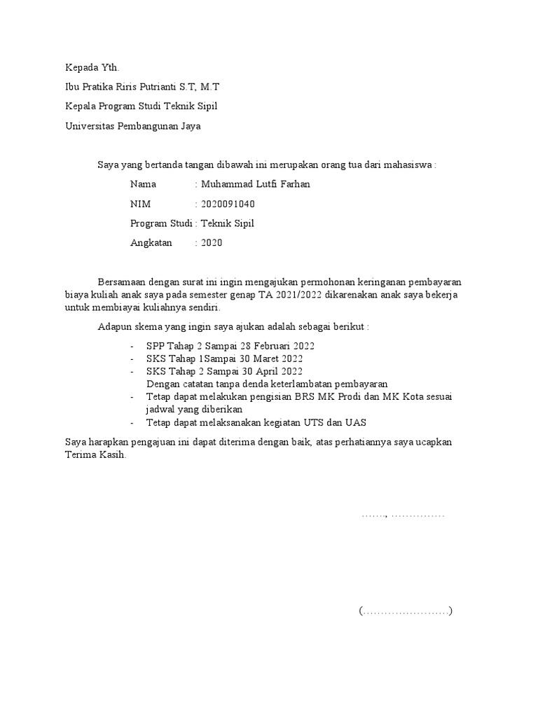 Contoh Surat Pengajuan Keringanan Pembayaran | PDF | Pengelolaan Keuangan & Uang
