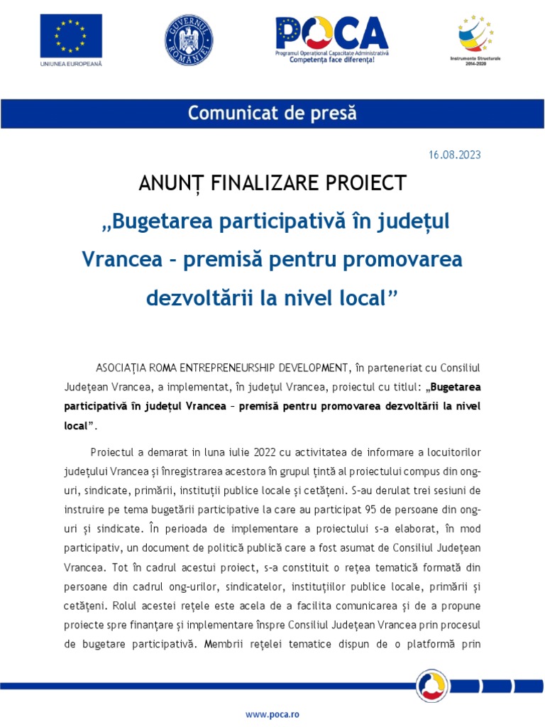 Comunicat Presa Finalizare Proiect | PDF