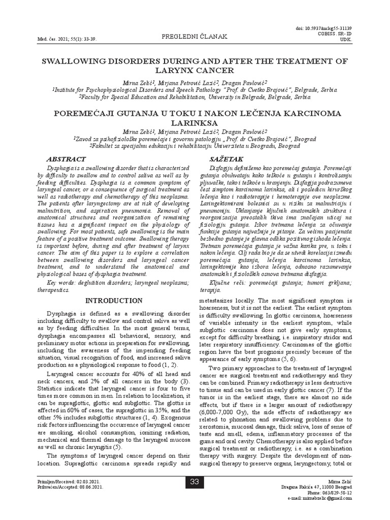 Poremećaji Gutanja U Toku I Nakon Lečenja Karcinoma Larinksa | PDF ...
