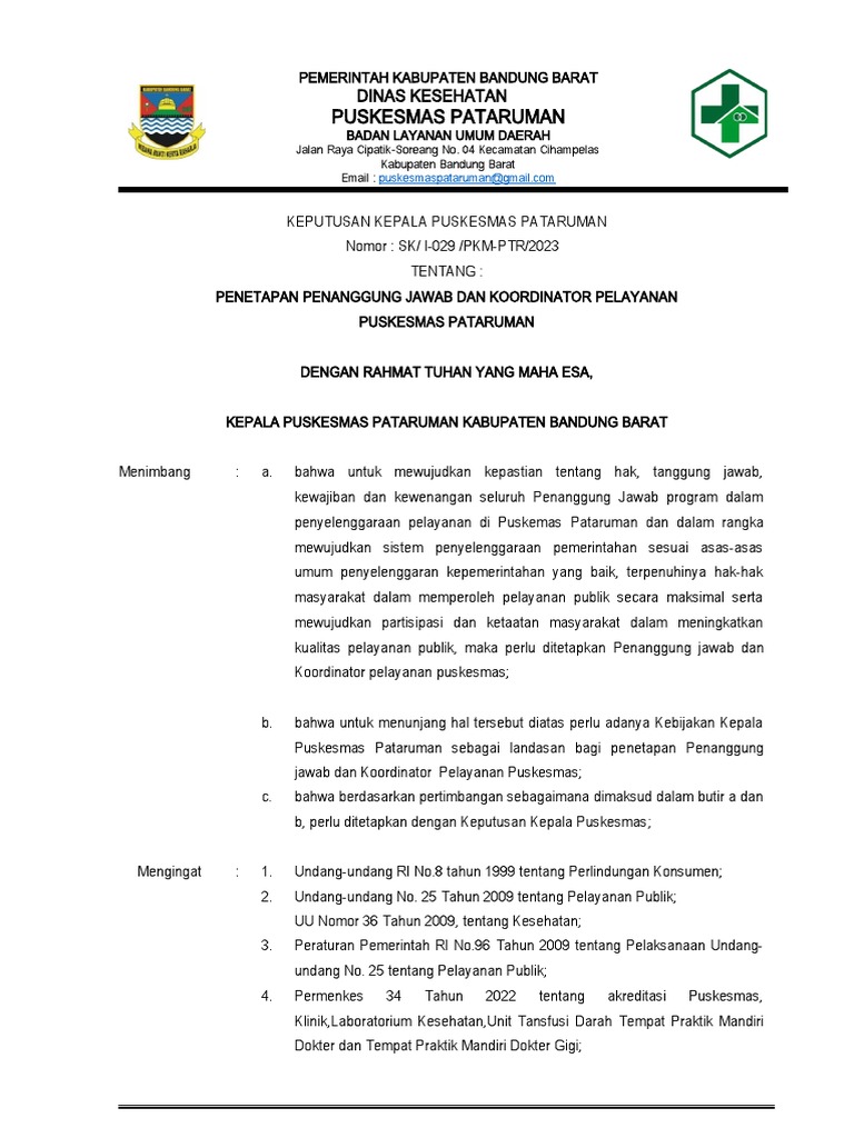 SK Kepala Puskesmas Tentang Penetapan Penanggung Jawab Dan Koordinator Pelayanan Ok 2 | PDF