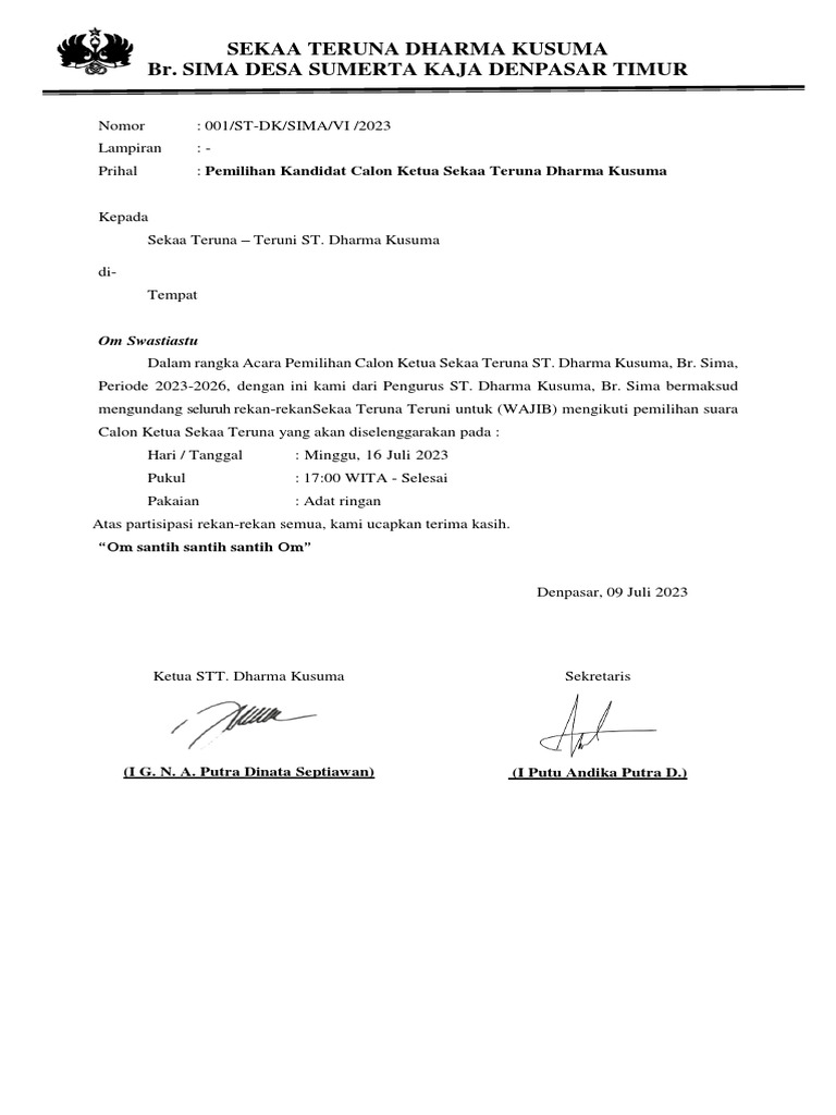 Surat Undangan Pemilihan Calon Ketua STT - ST DHK - 16 Juli 2023 | PDF