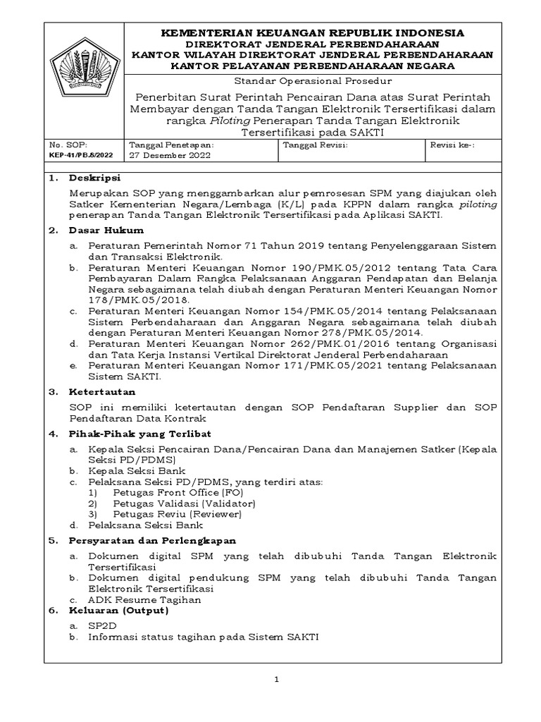 SOP Penerbitan SP2D Atas SPM Dengan Tanda Tangan Elektronik PDF | PDF