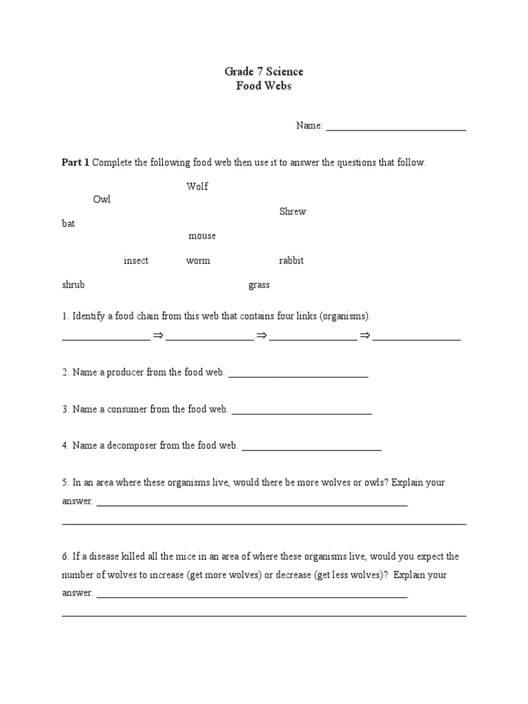 Grade 7 Science Food Webs: Part 1 Complete The Following Food Web Then ...