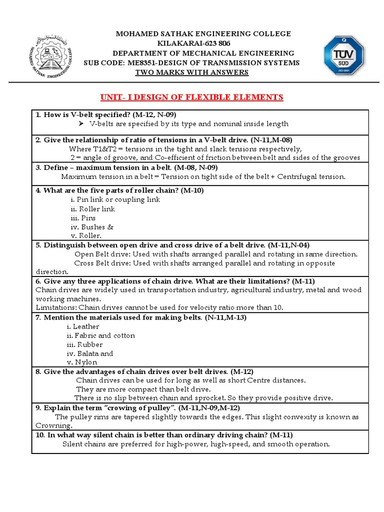 DTS Question Two Marks With Answers | PDF | Gear | Belt (Mechanical)