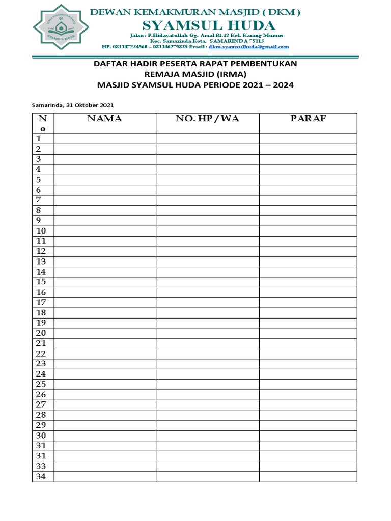 Daftar Hadir Rapat DKM Syamsul Huda 2021 | PDF