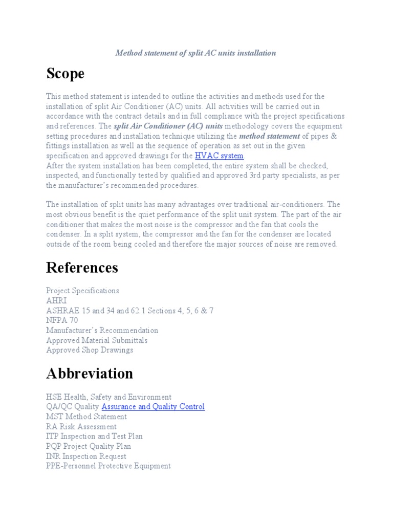 Method Statement Of Split Ac Units Installation Pdf Electrical