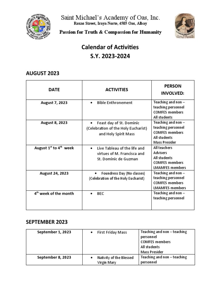 SMA Calendar of Activities | PDF