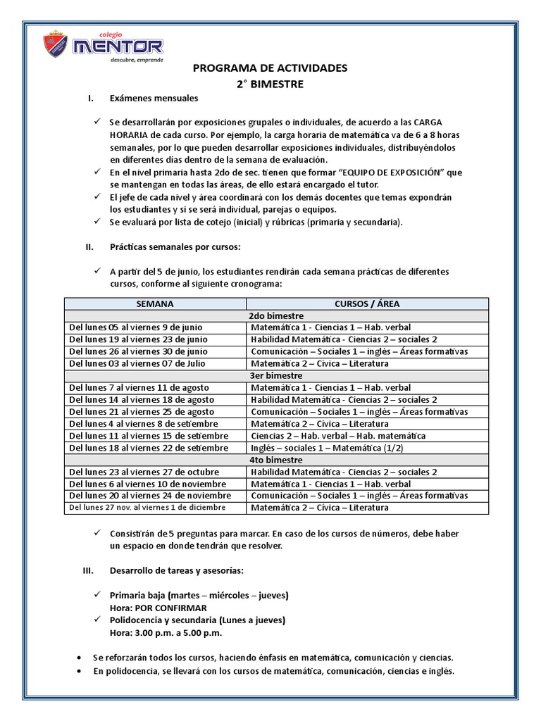 Programa de Actividades 2° Bimestre | PDF