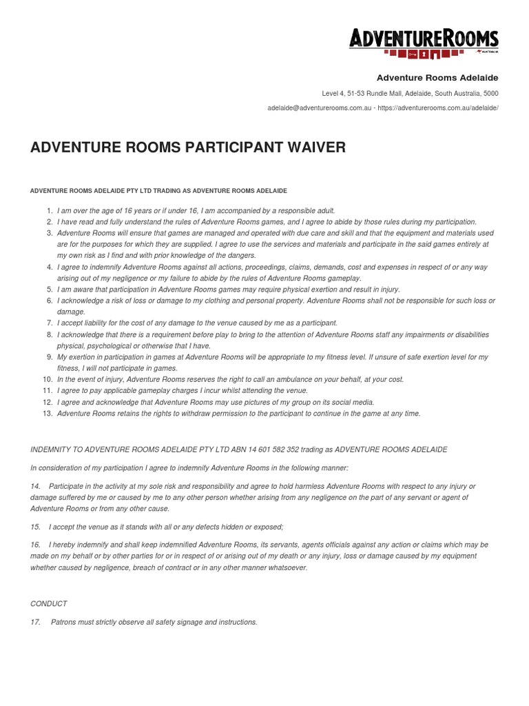 Adventure Rooms Participant Waiver | PDF
