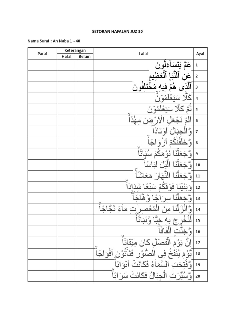 Setoran Hafalan Juz 30 2 | PDF