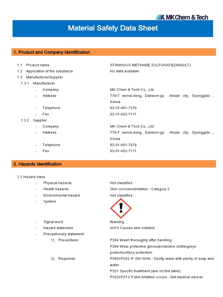 10. Ghs Msds Stannous Methane Sulfonate Eng Rev.2 150910 | PDF