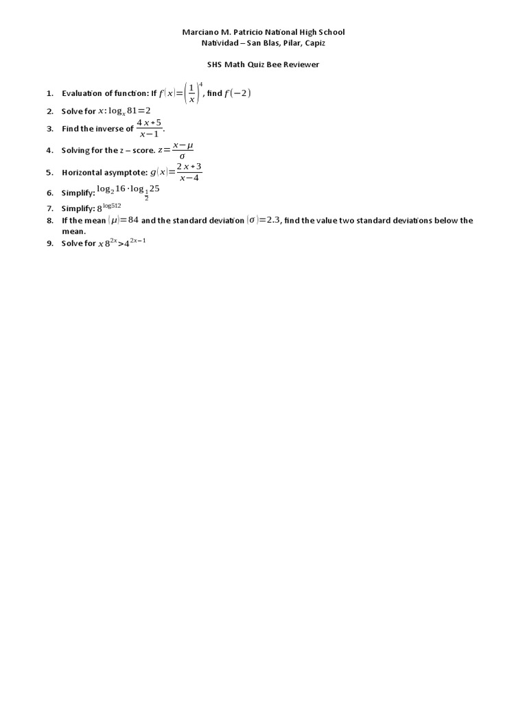 SHS Math Quiz Bee Reviewer | PDF