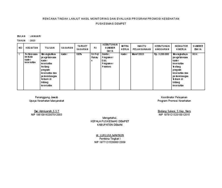 RTL Hasil Monev Promkes | PDF