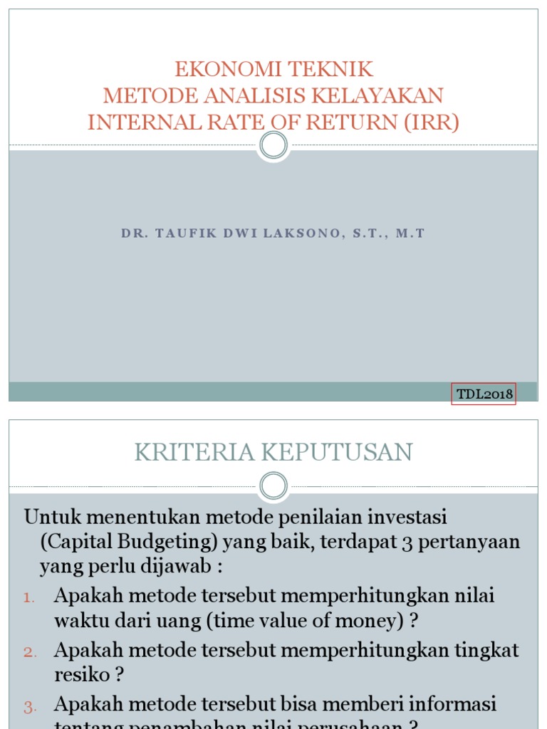 PERT 7 - EKONOMI TEKNIK - Internal Rate of Return | PDF | Pengelolaan Keuangan & Uang | Metode ...