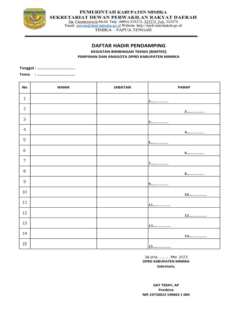 Daftar Hadir Pendamping Bimtek Dewan | PDF