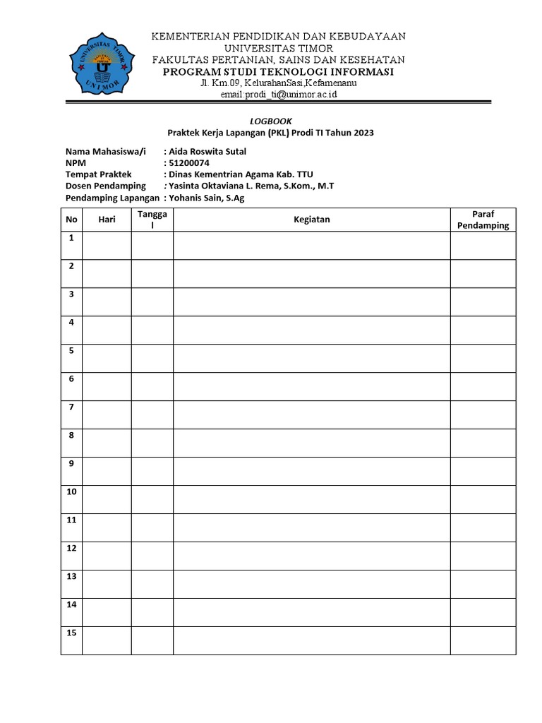 Logbook Absensi PKL Prodi TI 2023 | PDF