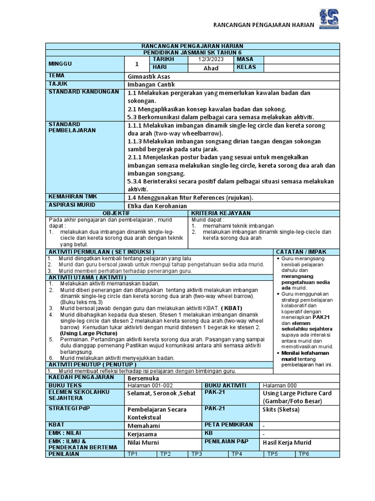 RPH Minggu 1 Pendidikan Jasmani THN 6 2023 | PDF